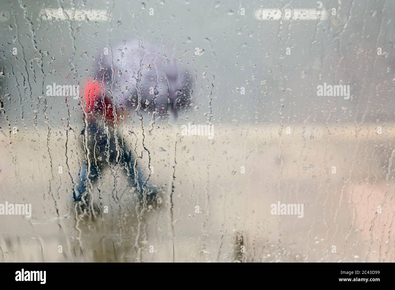 Person walks in the rain across a street - window view - weather Stock ...