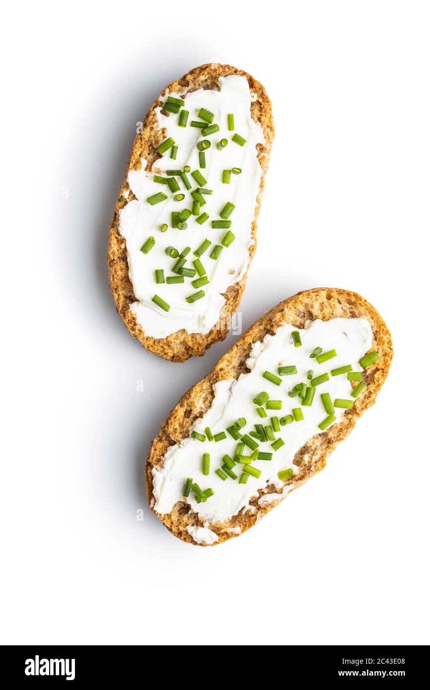 Crispbread with creamy cheese and green chive. isolated on white ...