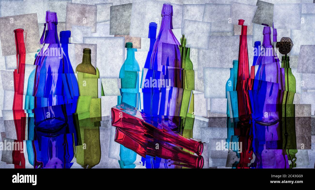 Abstract collage with colored bottles on a reflective surface Stock ...