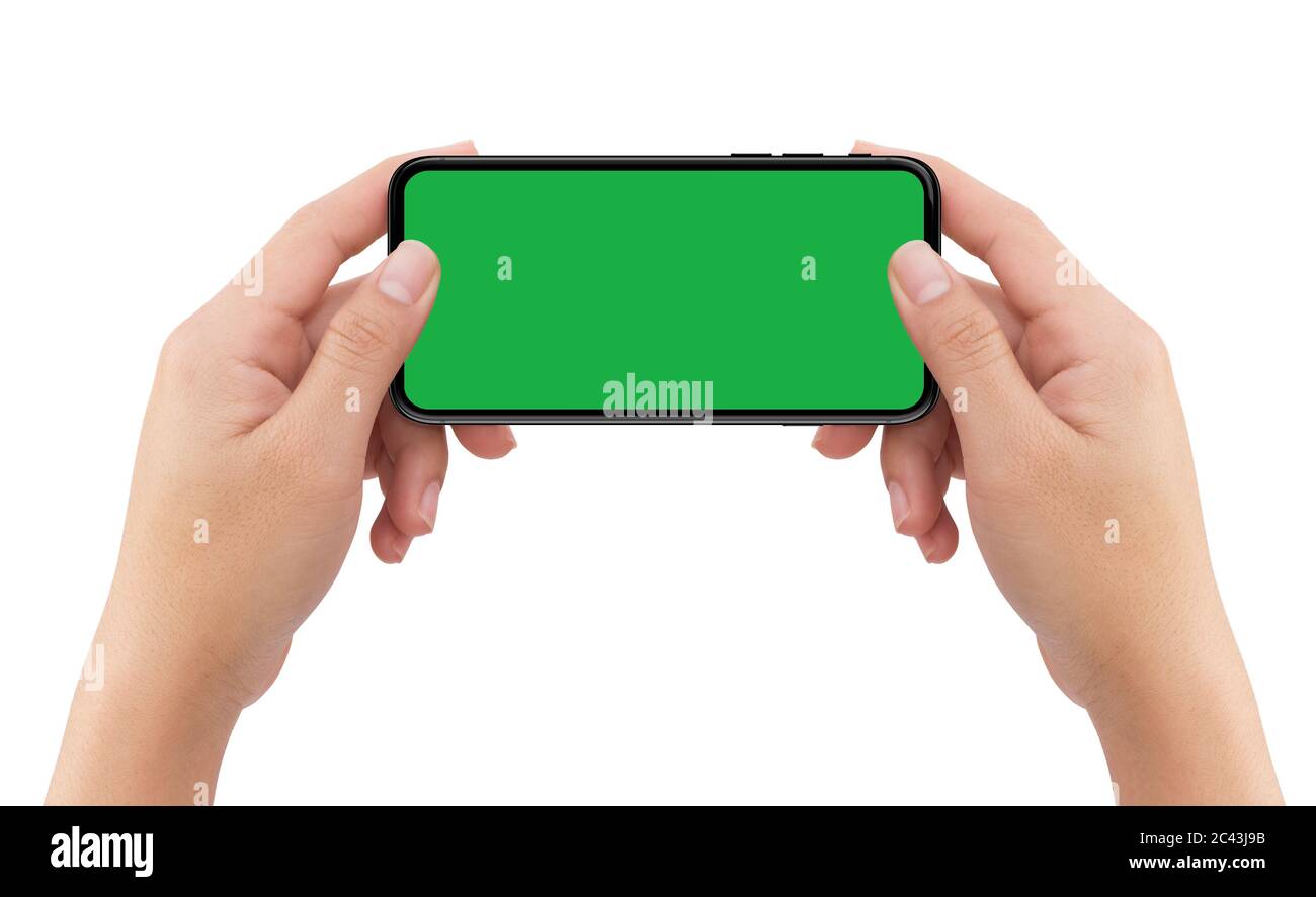 Isolated human two hands holding white mobile smart phone device mockup ...