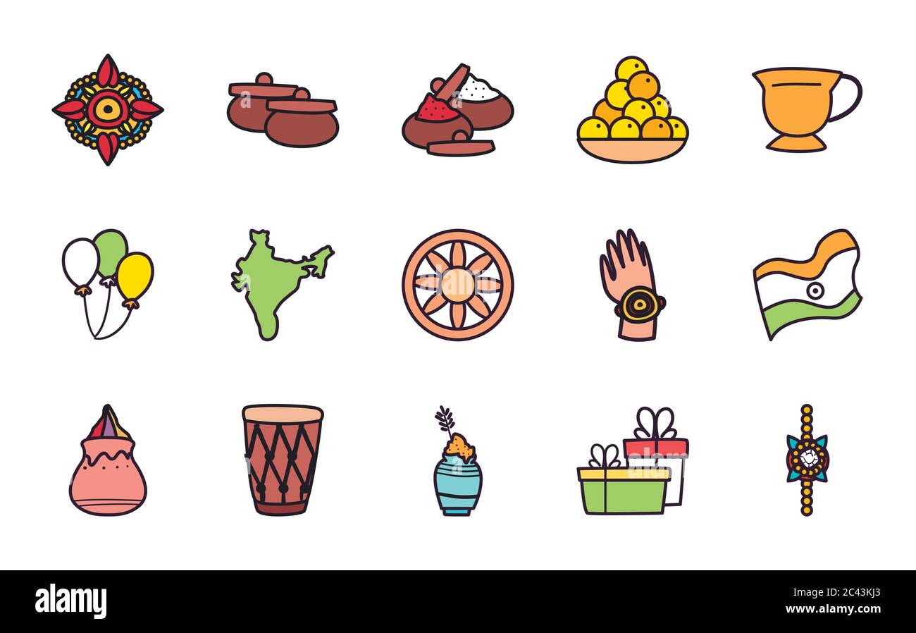 Raksha bandhan fill style icon set design, Indian holiday celebration ...