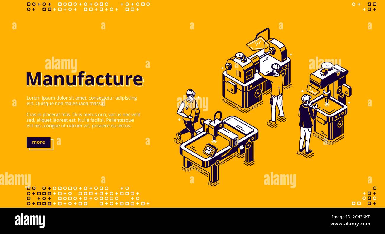 Manufacture isometric landing page. Industrial stuff production on modern plant. Workers in robe ...