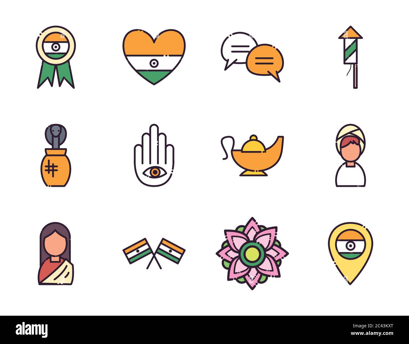 Indian fill style icon set design, Culture travel india country asia ...