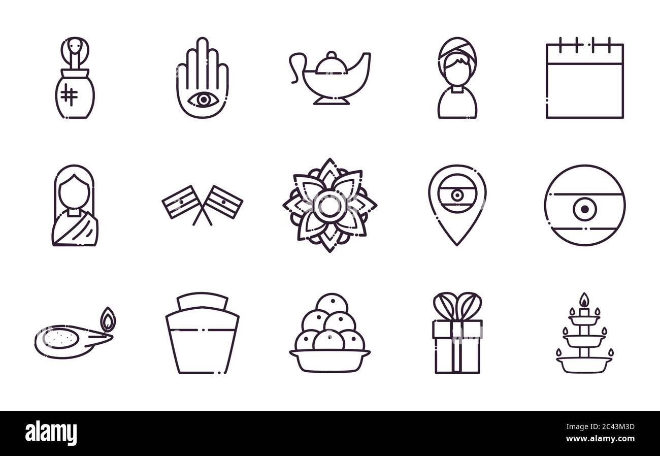 Indian line style icon set design, Culture travel india country asia ...