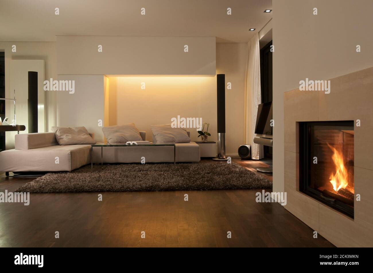 Modern living room with fireplace and wooden floor Stock Photo - Alamy