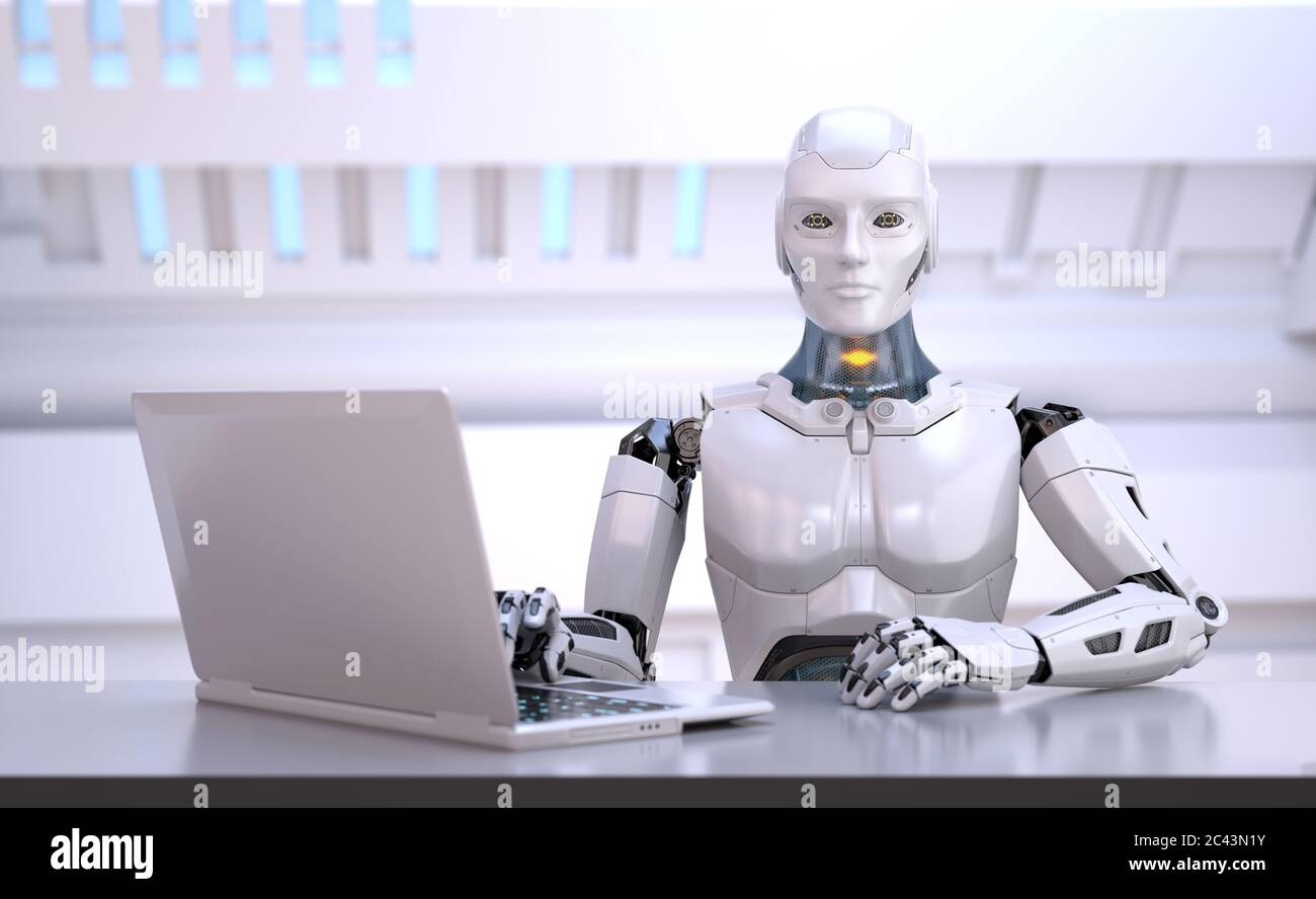 Humanoid robot sitting behind table. Head hunter. Office manager. 3D ...