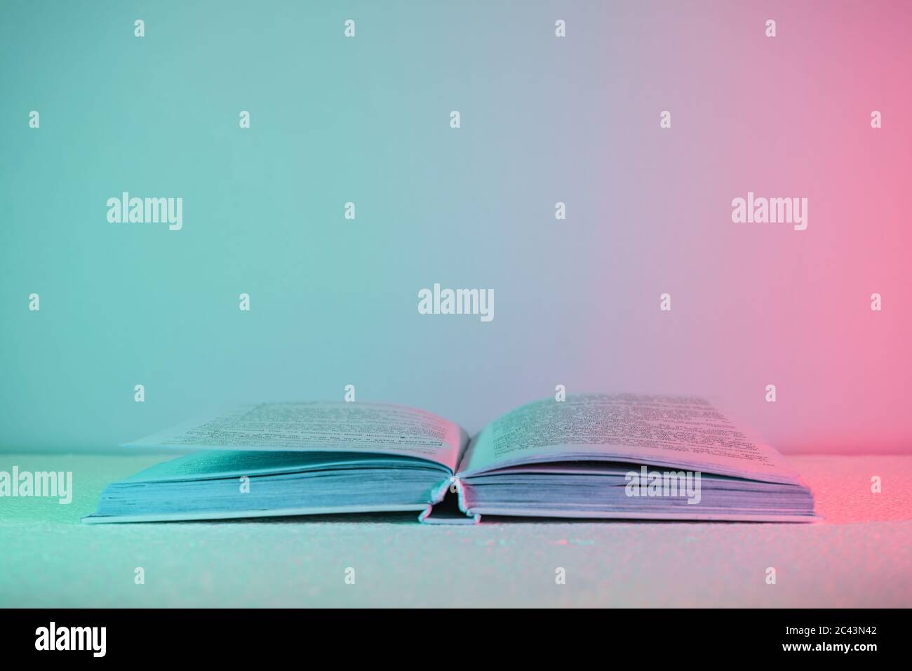 Beautiful open old book pages in neon light. Minimalism retro style ...