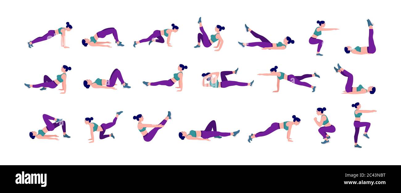 Workout girl set. Woman doing fitness and yoga exercises. Lunges and ...