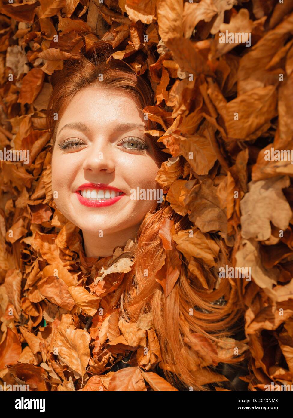 Nature autumn concept. Beautiful young lady is lying between leaves ...