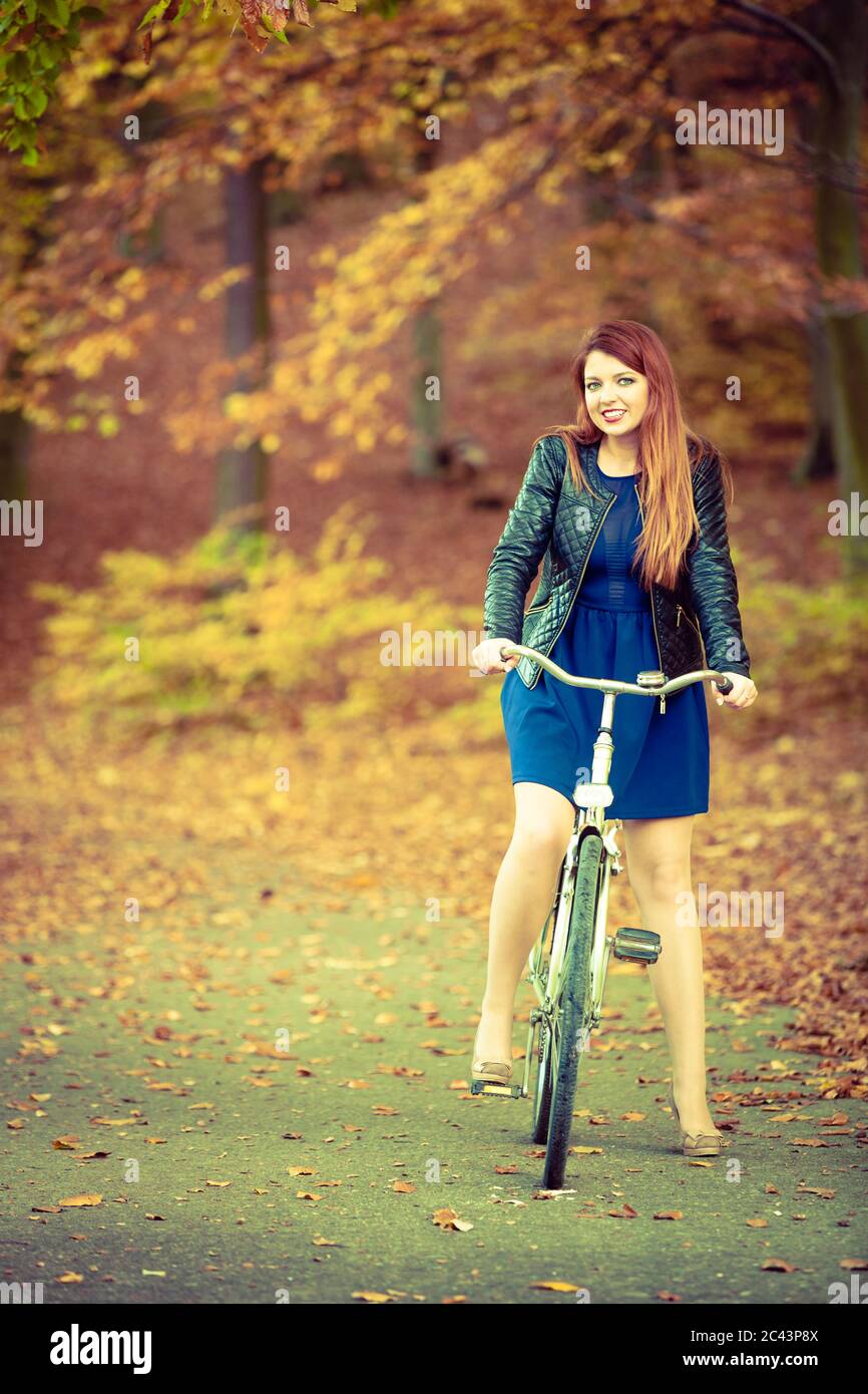 Woodland nature outdoor fitness relax leisure concept. Redhead lady ...