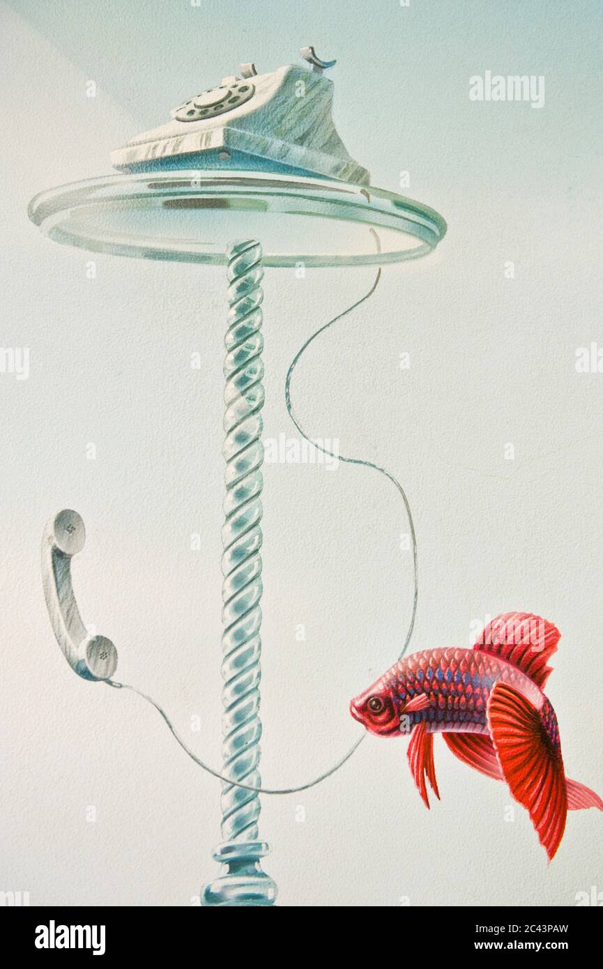 Drawing of a fish and an old-fashioned phone Stock Photo - Alamy