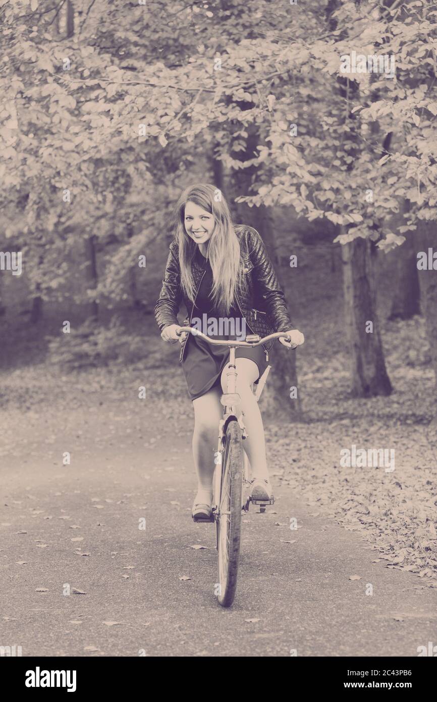 Woodland nature outdoor fitness relax leisure concept. Redhead lady ...