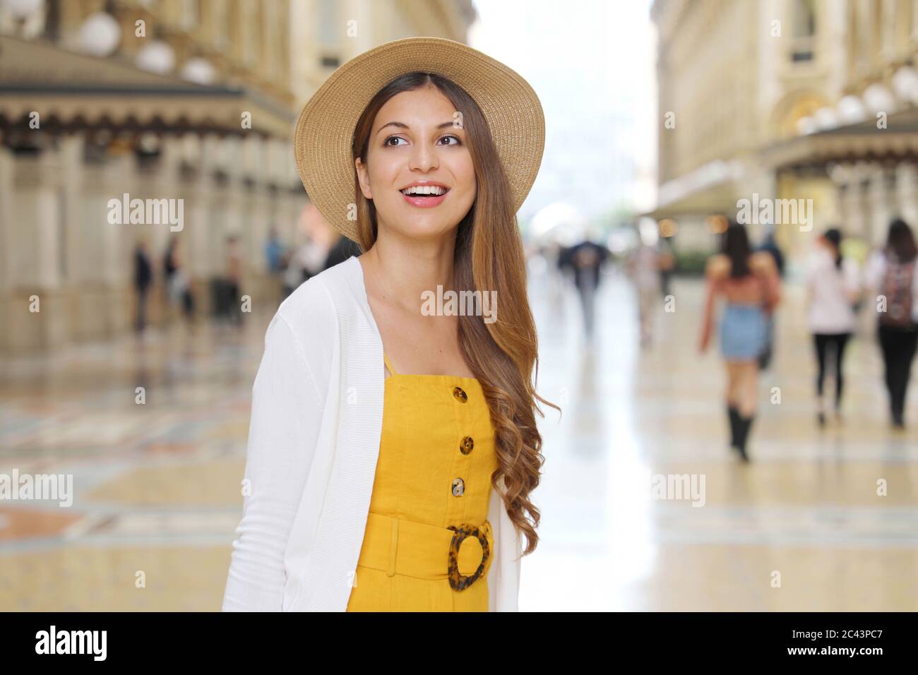 Pretty fashion tourist woman visiting the city of Milan, Italy Stock ...