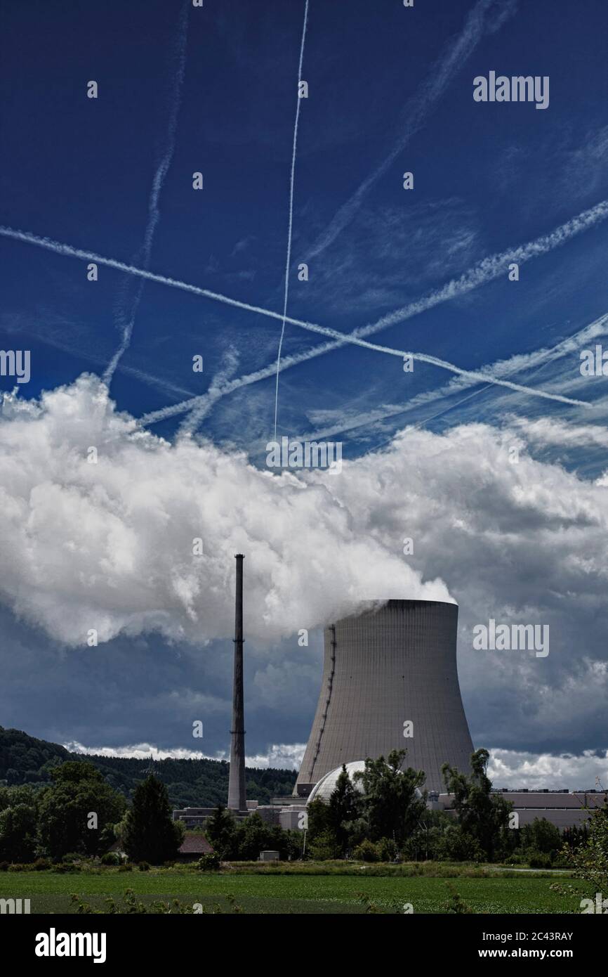 Contrails over the Isar 1 nuclear power plant, Bavaria, Germany Stock ...