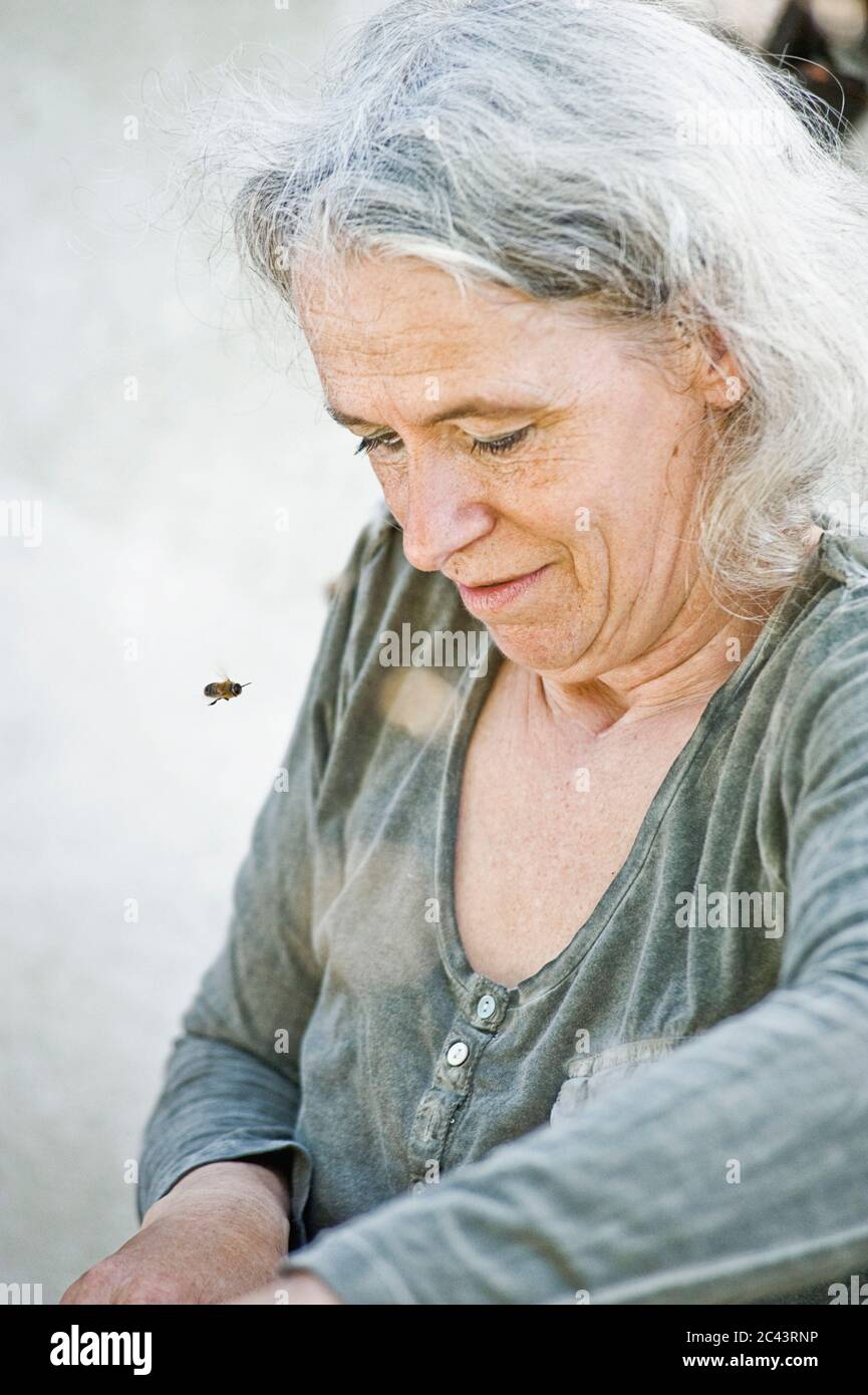 Bee flies around a gray-haired woman Stock Photo - Alamy