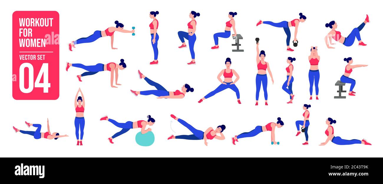 Workout girl set. Woman doing fitness and yoga exercises. Lunges and ...
