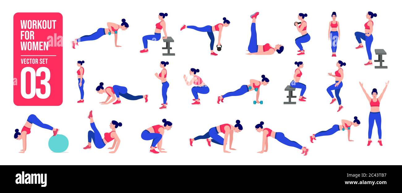 Workout girl set. Woman doing fitness and yoga exercises. Lunges and ...