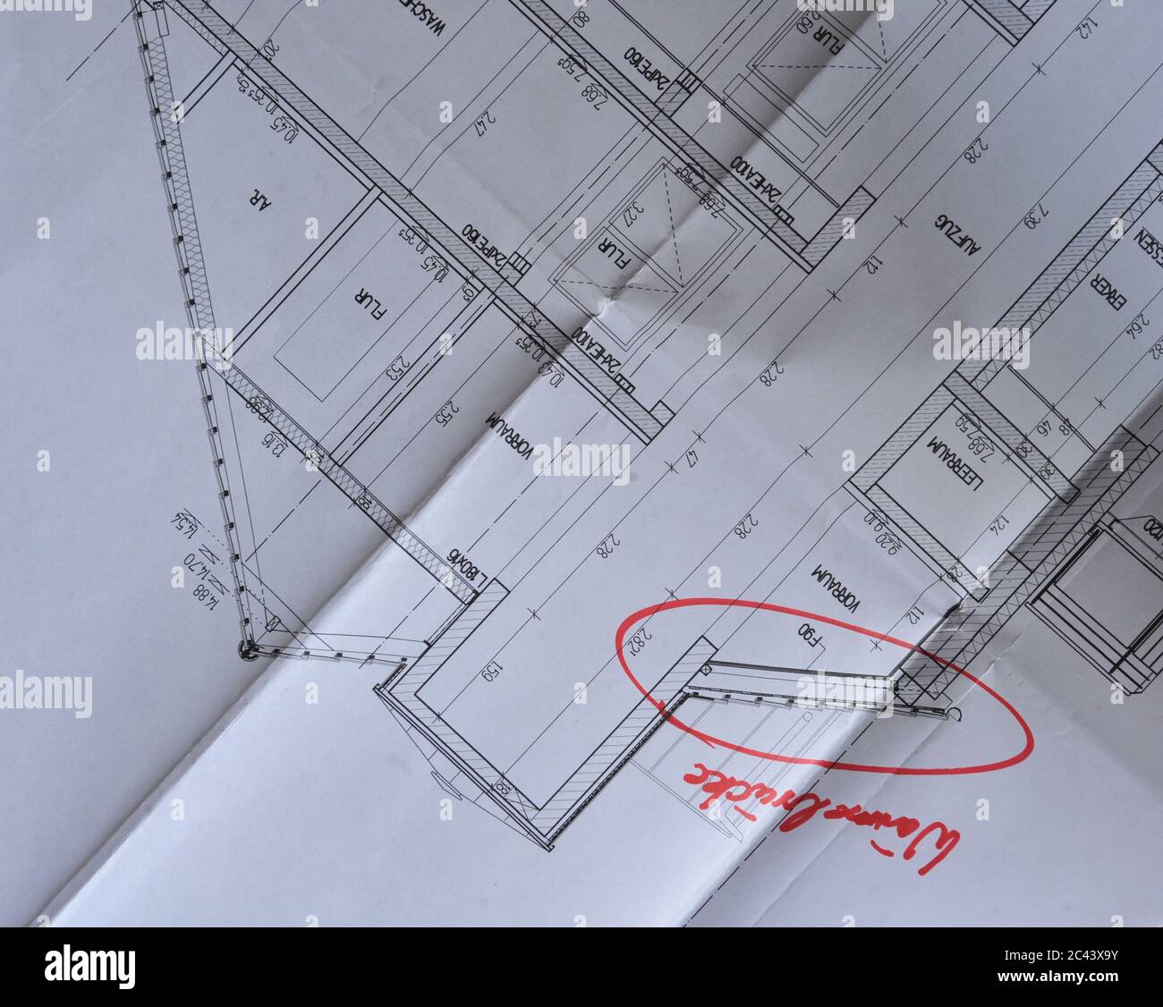 Blueprint with red marking Stock Photo - Alamy