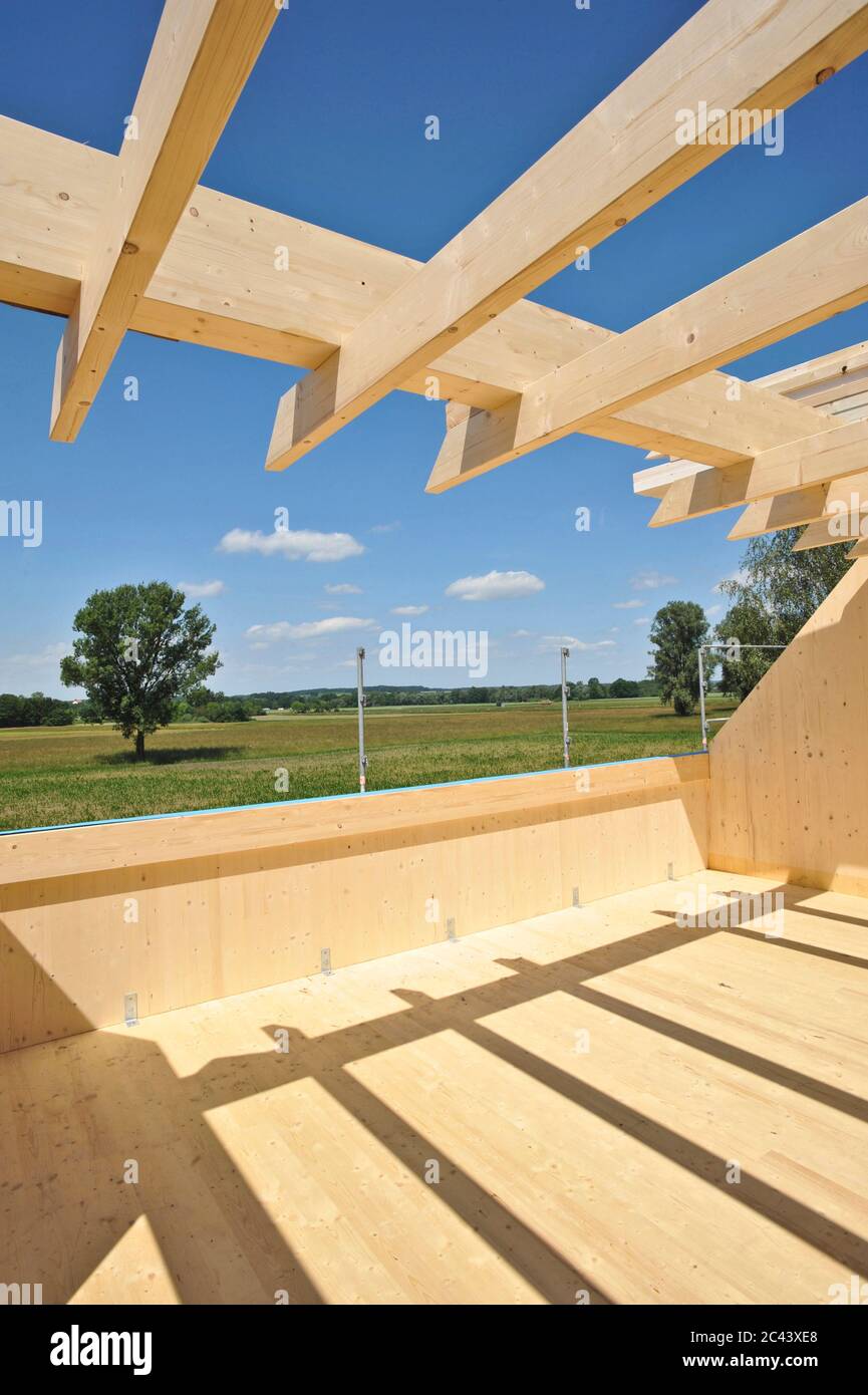 Shell of a wooden prefabricated house with a roof structure Stock Photo ...