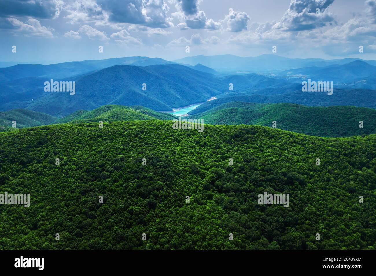 Mountain landscape. Aerial view of mountain hills and lake, nature ...