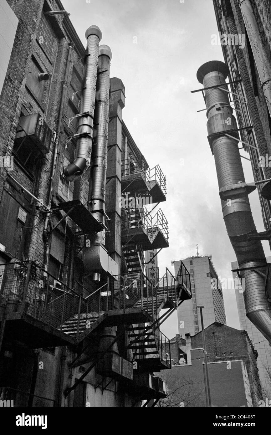 Fire escape in a back lane (St. James Street) in Chinatown, Manchester ...