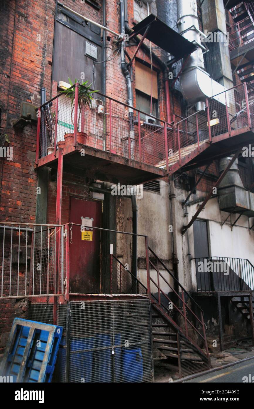 Fire escape in a back lane (St. James Street) in Chinatown, Manchester ...