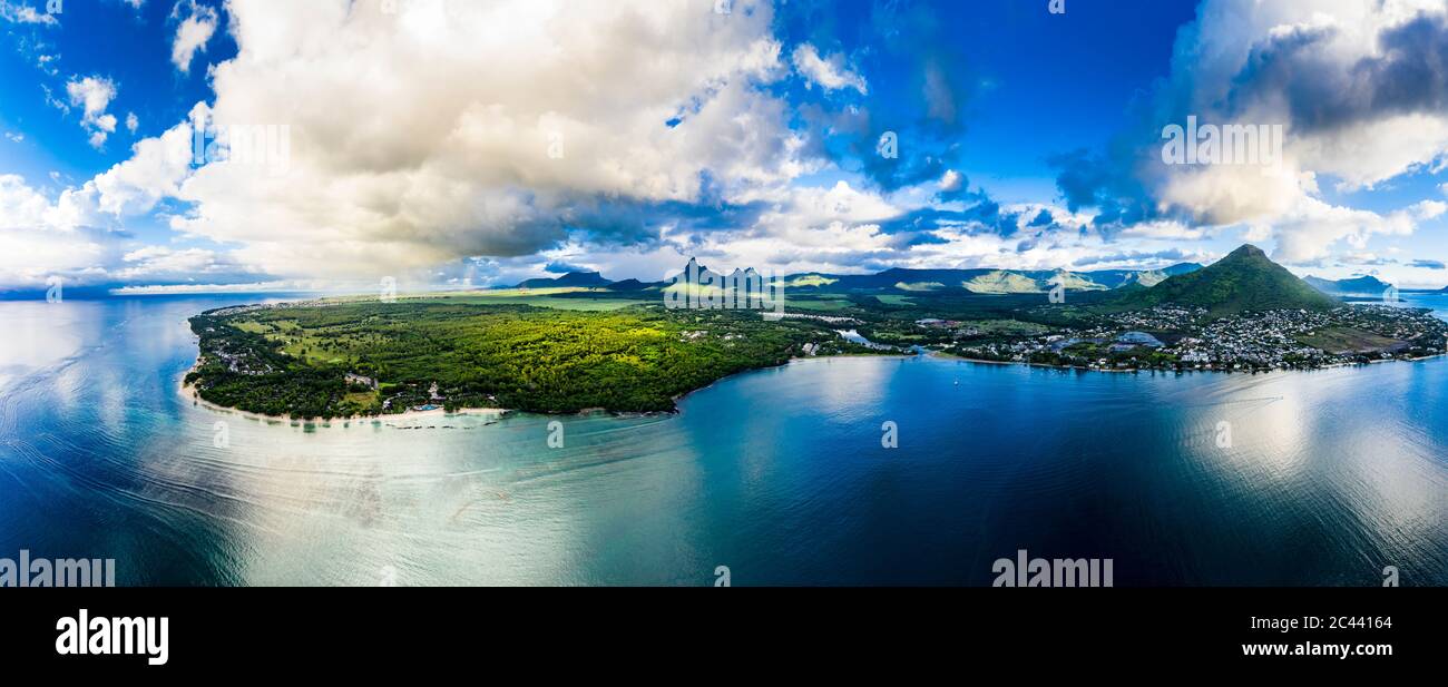 Mauritius, Black River, Flic-en-Flac, Helicopter panorama of oceanside ...