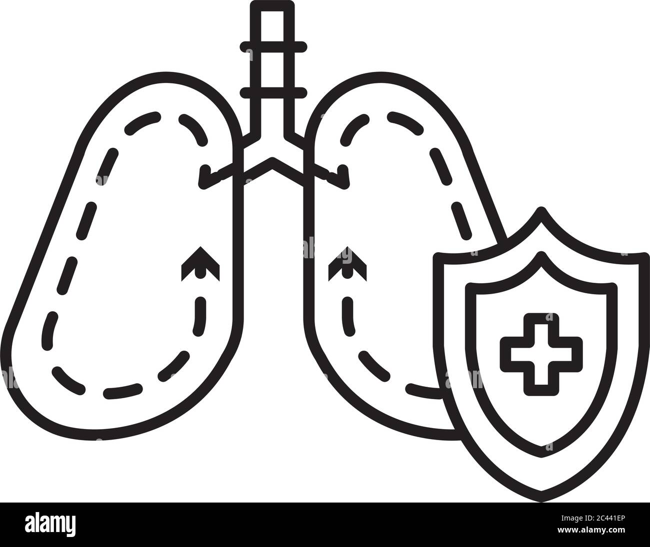 lungs and protection medical shield icon over white background, line ...