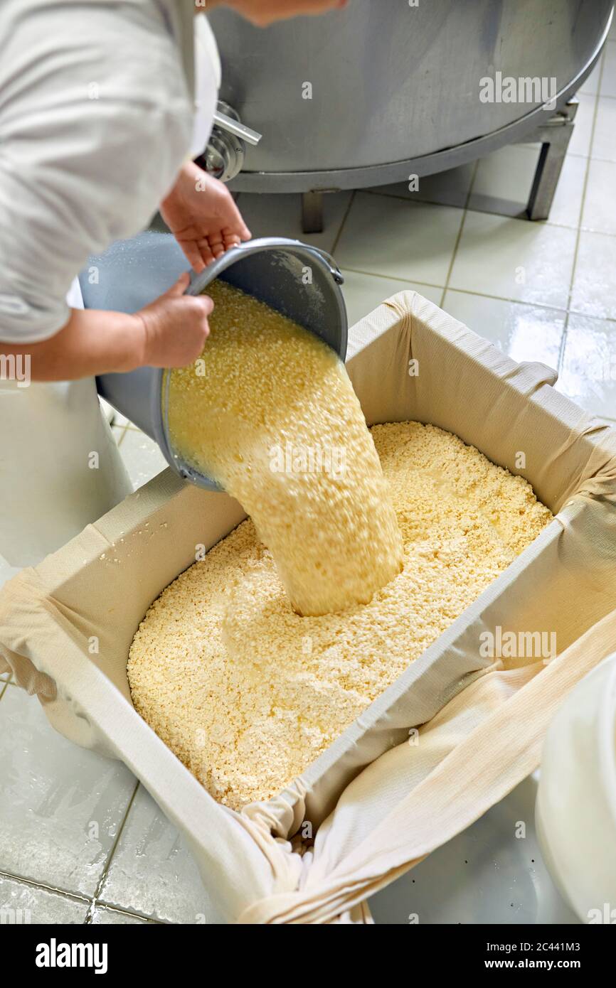 Cheese factory, female worker sieving whey Stock Photo - Alamy