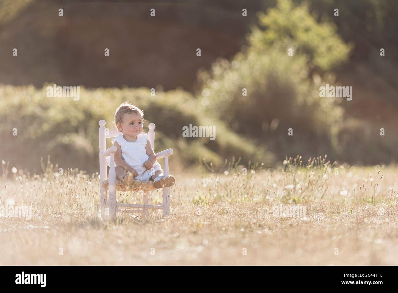 Cute toddler girl sitting on chair on meadow during sunny day Stock ...