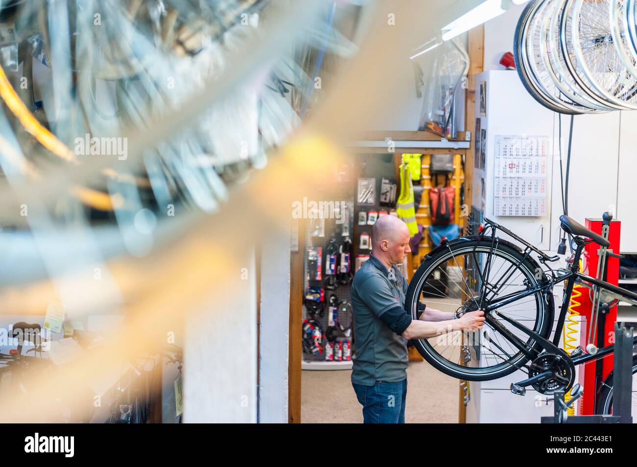 Bicycle mechanic working in bike shop Stock Photo - Alamy