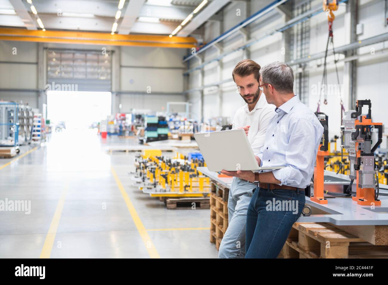 Two men using laptop on factory shop floor Stock Photo - Alamy