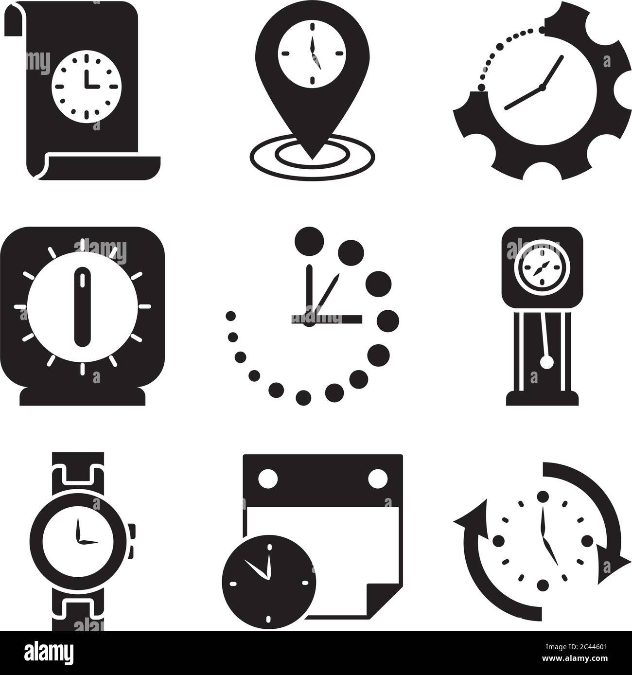 vintage clock and time icon set over white background, silhouette style ...