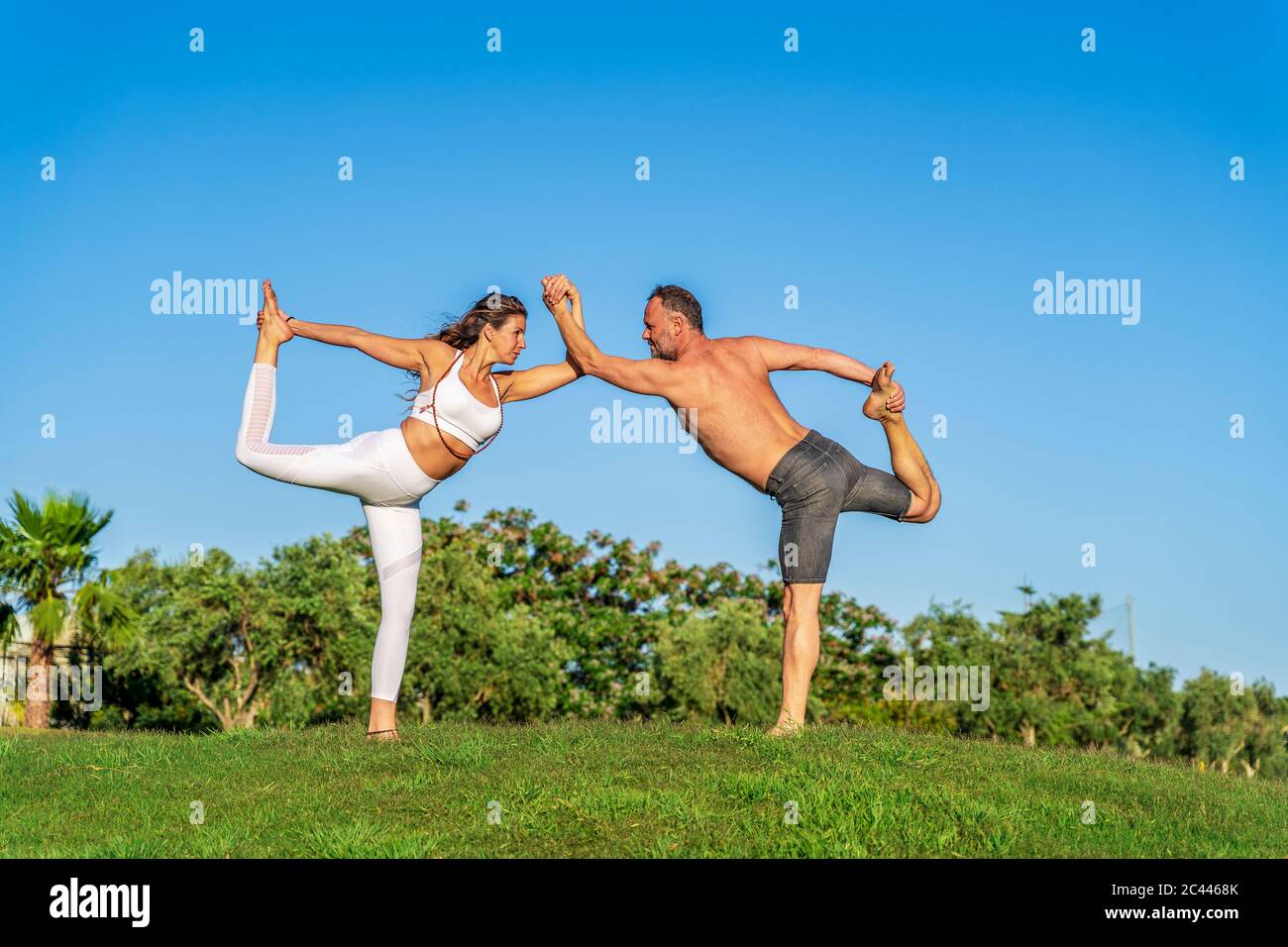 Mature couple doing yoga on lawn in sunshine together Stock Photo - Alamy
