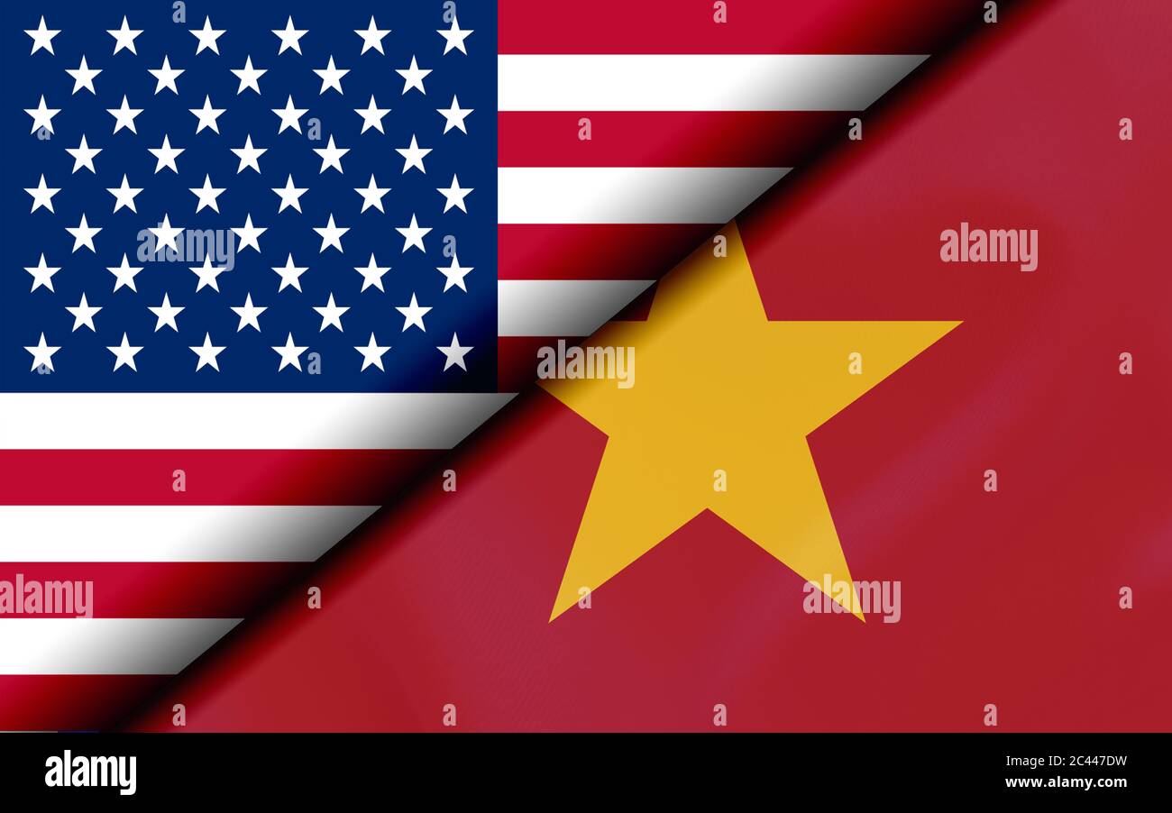 Flags of the USA and Vietnam Divided Diagonally. 3D rendering Stock ...