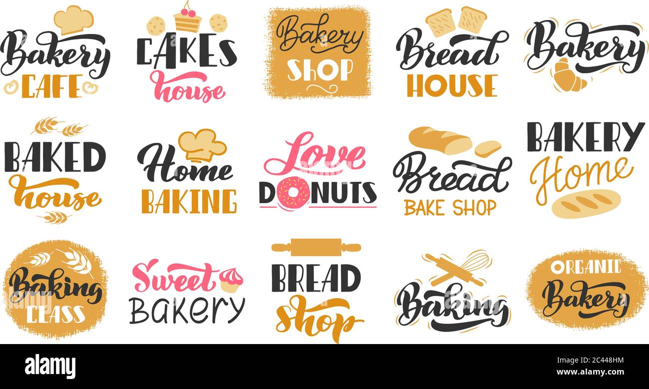 Bakery hand drawn lettering. Pastry bread hand drawn lettering labels ...