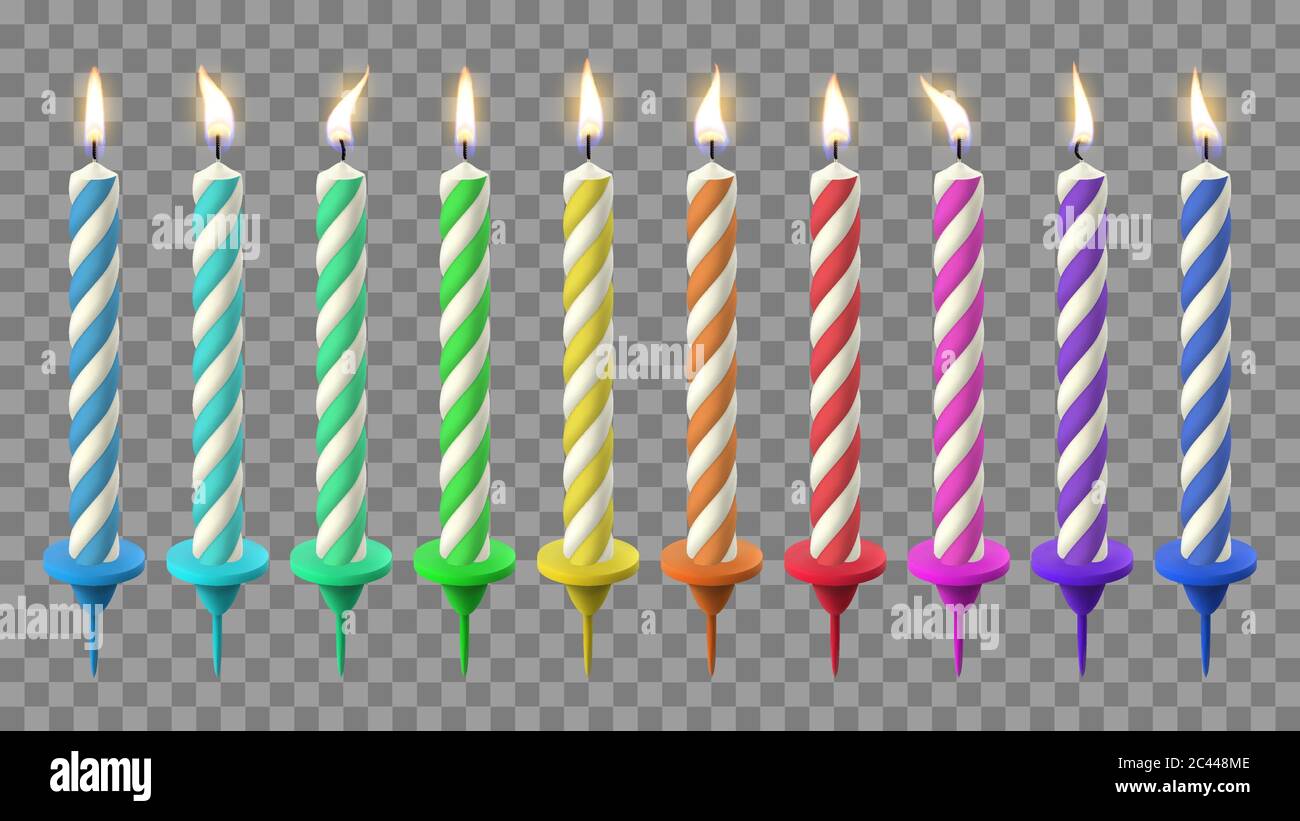 Realistic birthday candles. Birthday cake candlelight, holidays flaming ...