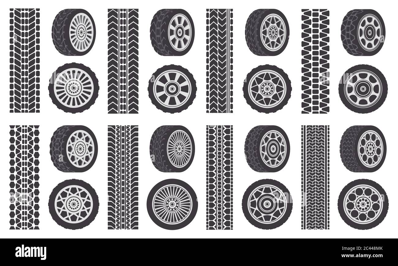 Car wheel tires. Track traces, automobile wheel rims, auto vehicle ...