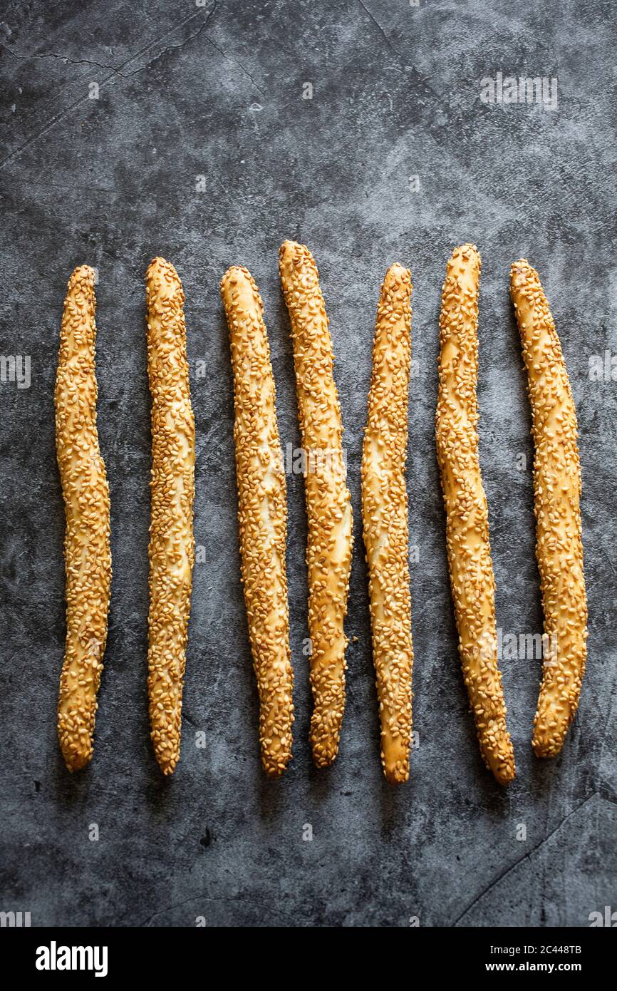 Studio shot of Italian grissini breadsticks with sesame seeds Stock ...