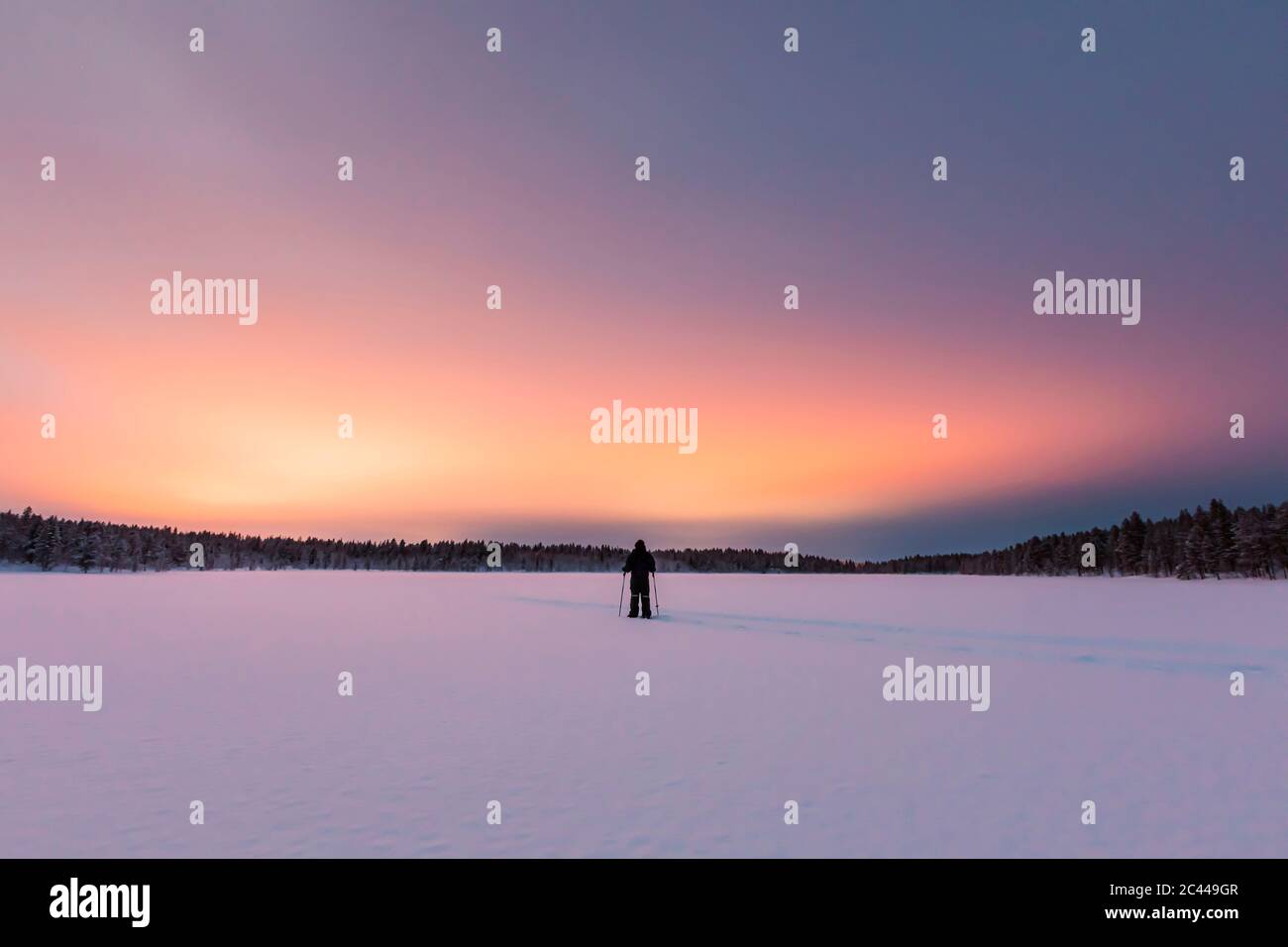 Snowshoe hiker in winter landscape, Hetta, Enontekioe, Finland Stock ...