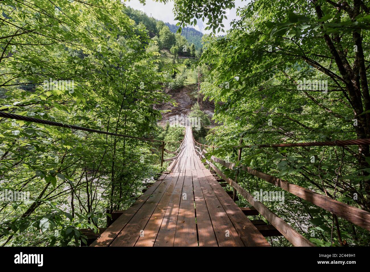 Georgia, Wooden suspension bridge stretching over river Stock Photo - Alamy