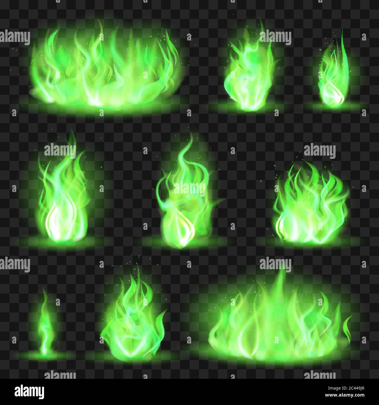 Realistic coloured fire. Green fiery blaze, magic game flaming flame ...
