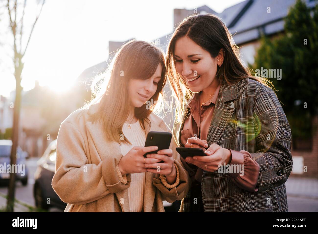Portrait of two best friends looking at cell phone at backlight Stock ...
