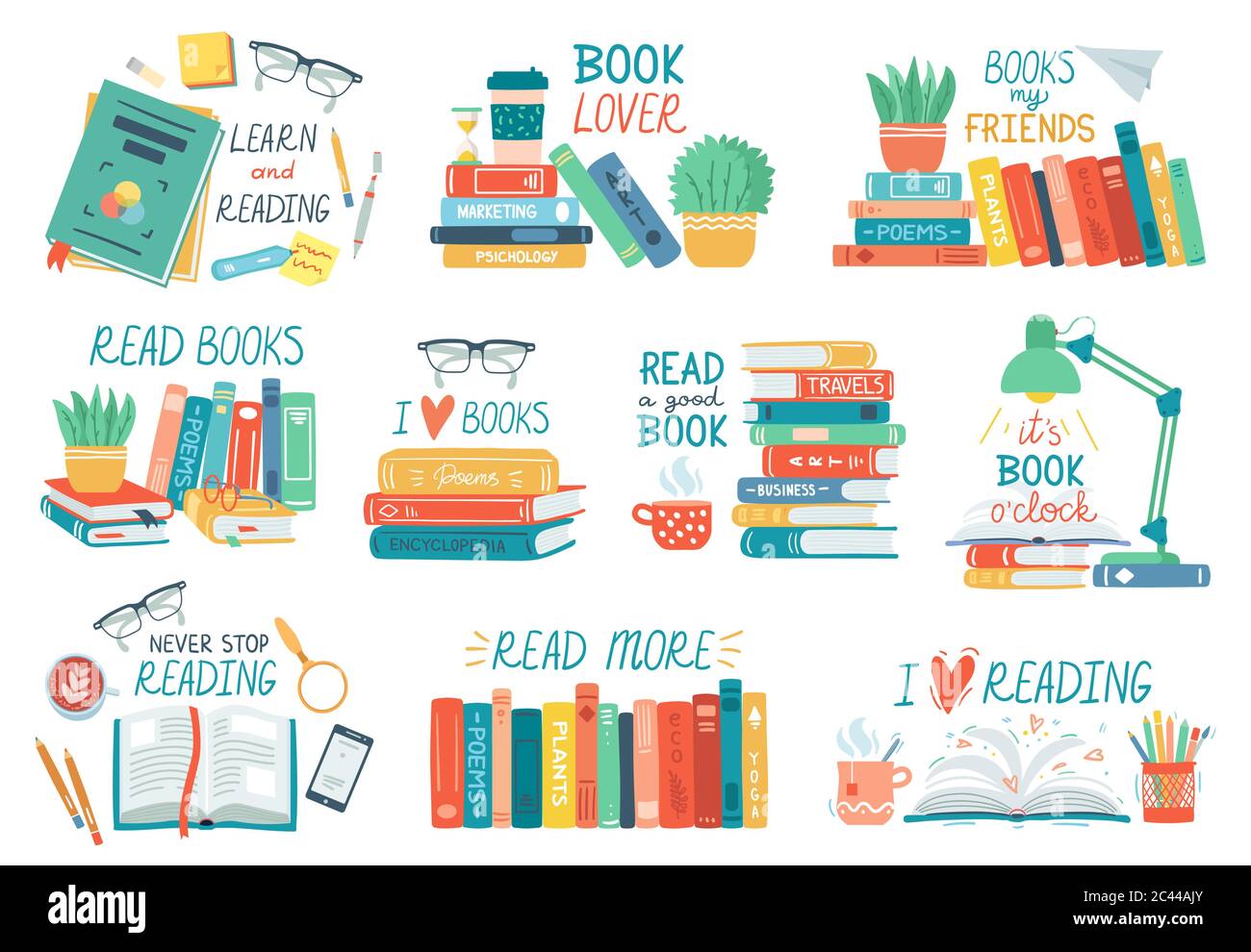 Reading books. Stack of library books with hand drawn lettering, open ...