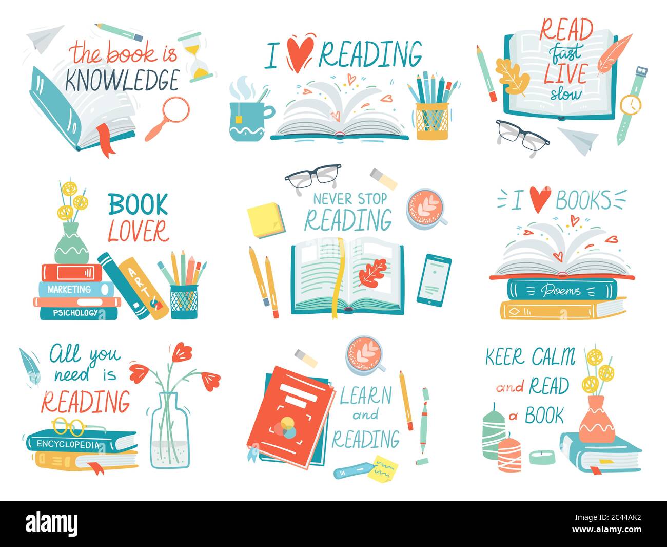 Books collection. Hand drawn lettering books concept, pile of books ...