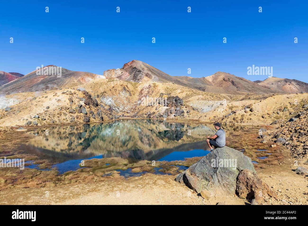 Male hiker relaxing emerald lakes north island volcanic plateau hi-res ...