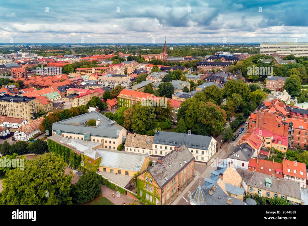 Sweden, Scania, Lund, Aerial view of historic old town with clear line ...