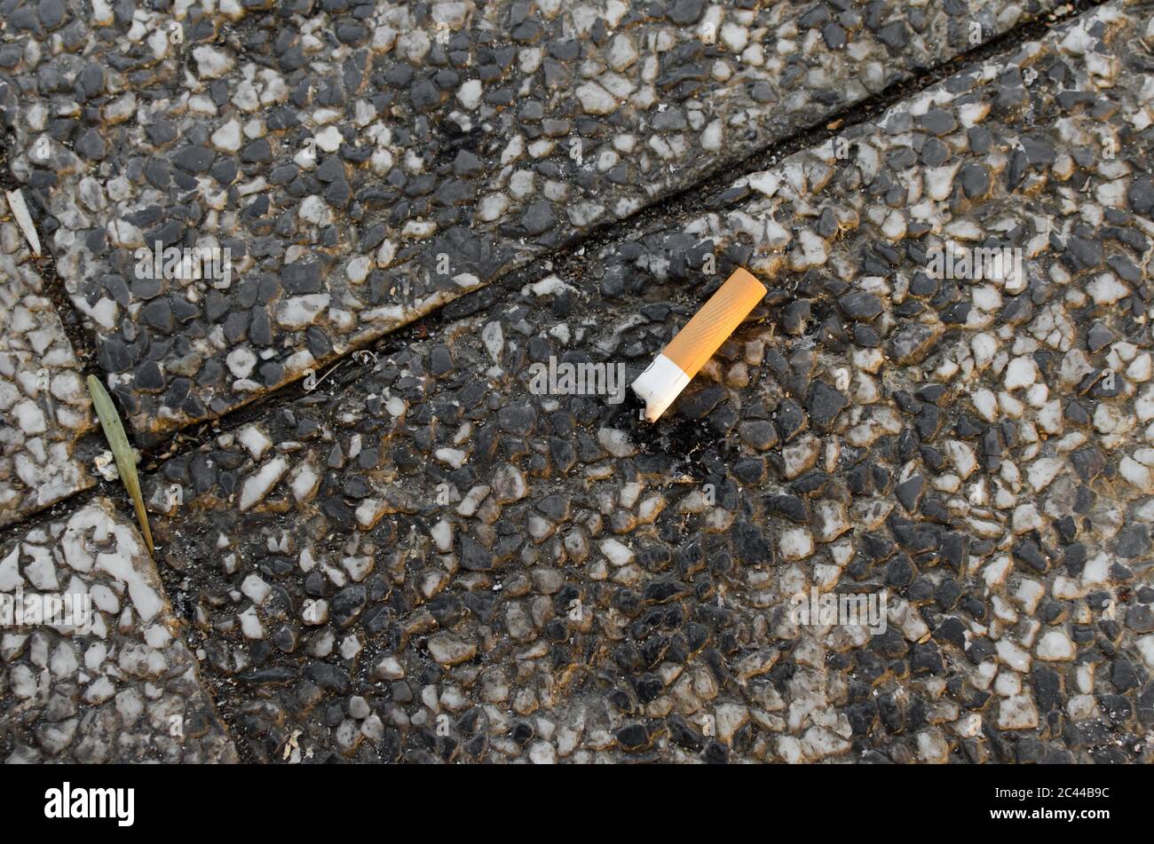 burning cigarette butt, single, isolated on concrete. Cigarette on ...