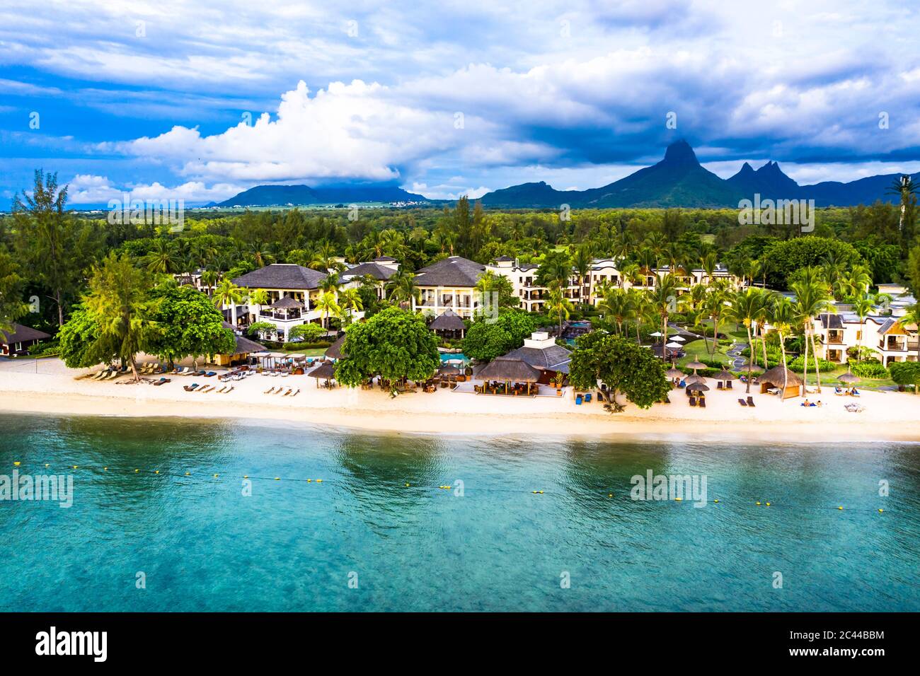 Mauritius, Black River, Flic-en-Flac, Helicopter view of oceanside ...