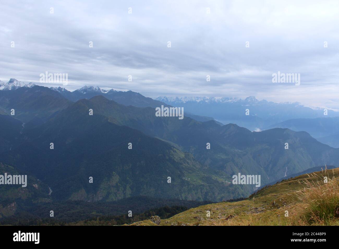 a landscape view of valley and the snow peaked mountains of lower ...